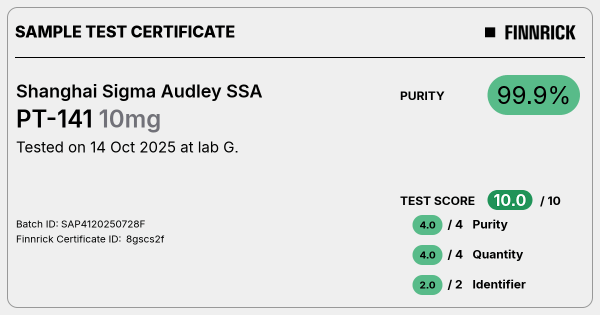 PT-141 by Shanghai Sigma Audley SSA - Test Certificate - Finnrick Analytics